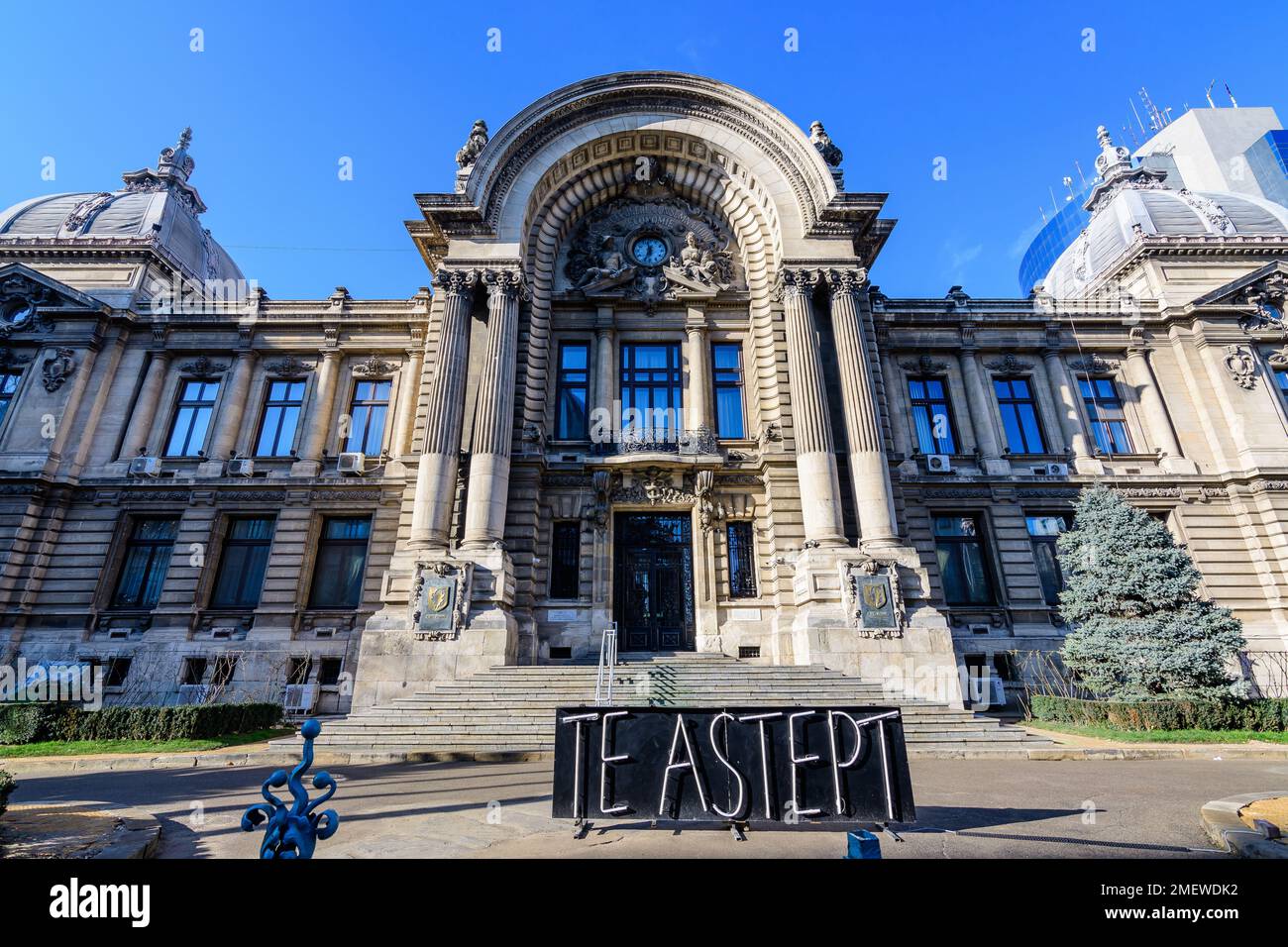 Bucharest, Romania, 2 January 2022: The beautiful facade of the Cec ...