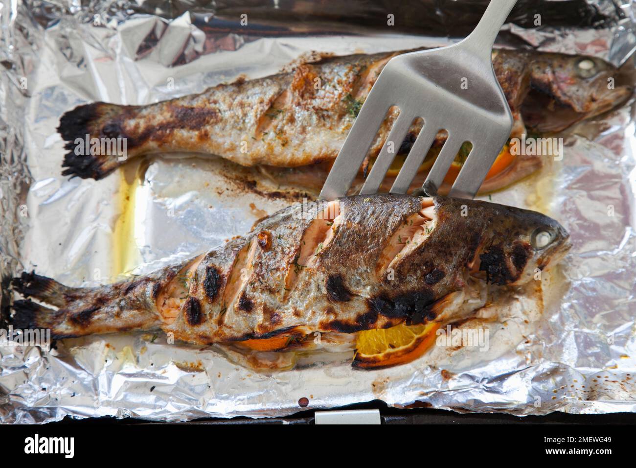 Turning trout carefully using a fish slice Stock Photo - Alamy