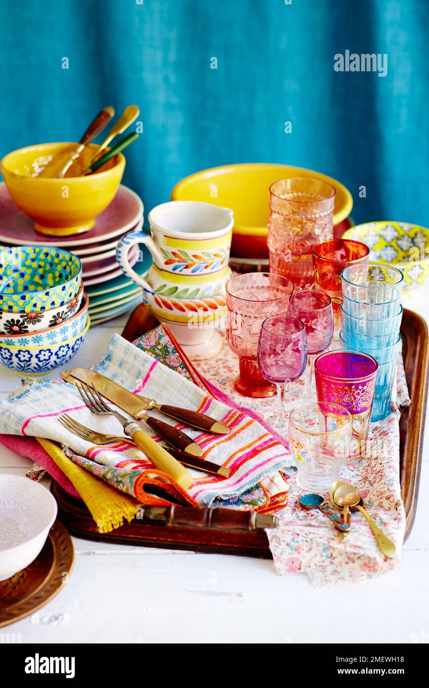 Bohemian wedding crockery selection Stock Photo - Alamy