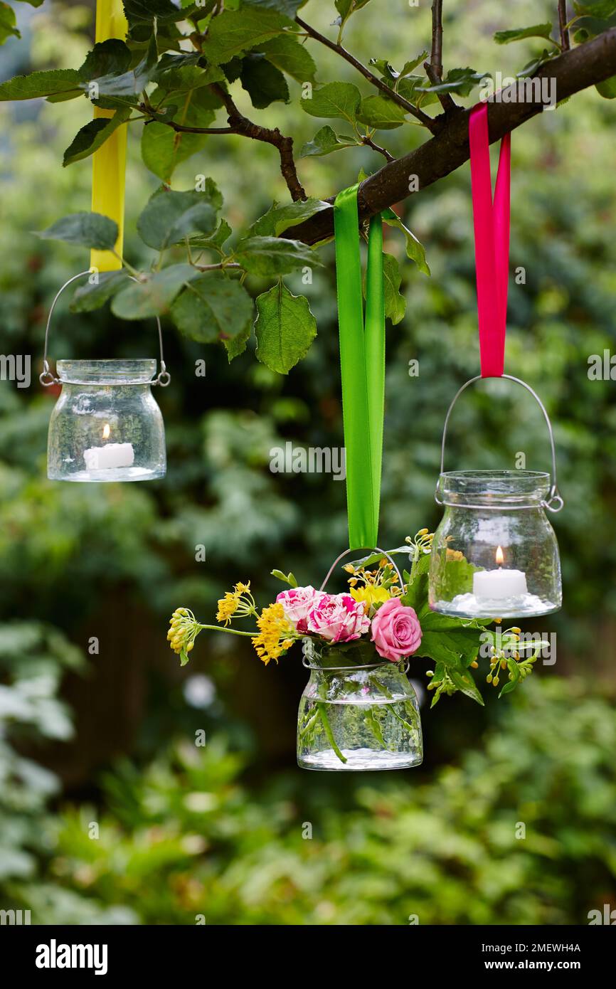 Garden party wedding hanging jars Stock Photo - Alamy