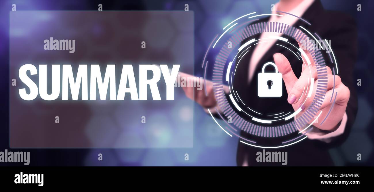 Text sign showing Summary. Business showcase Brief Statement Abstract ...