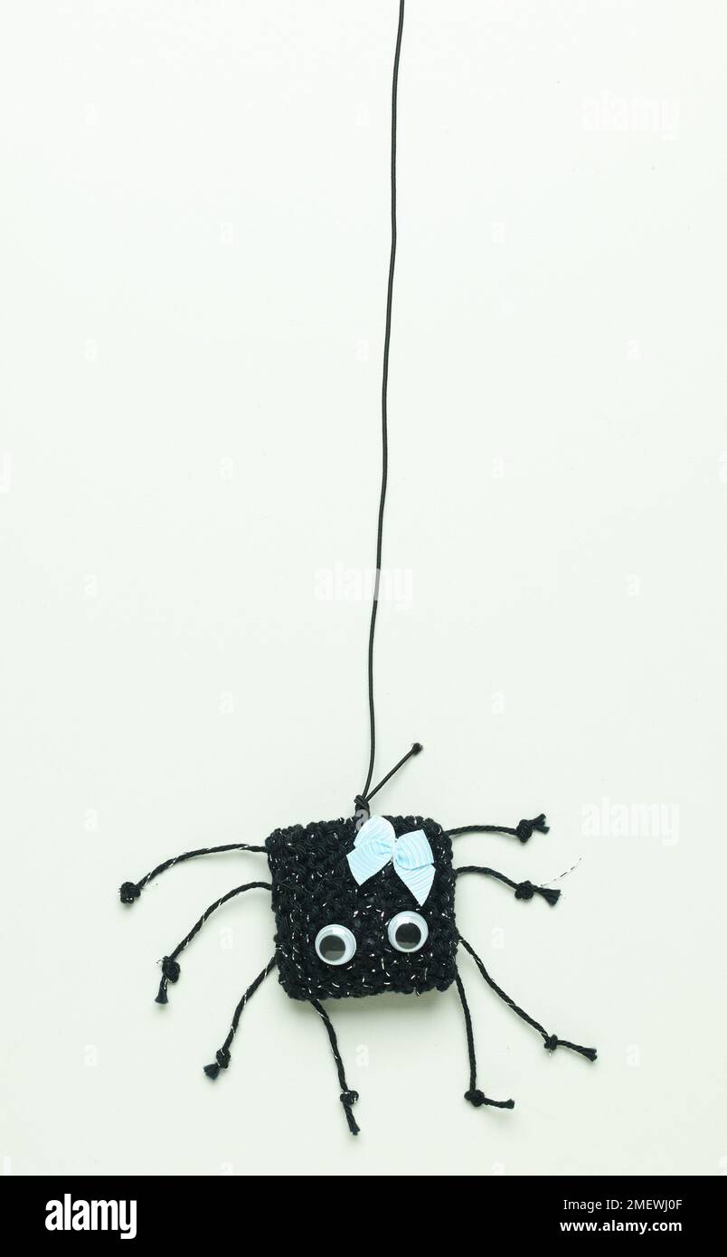 Knitted black spider charm dangling on long string, with blue bow Stock ...