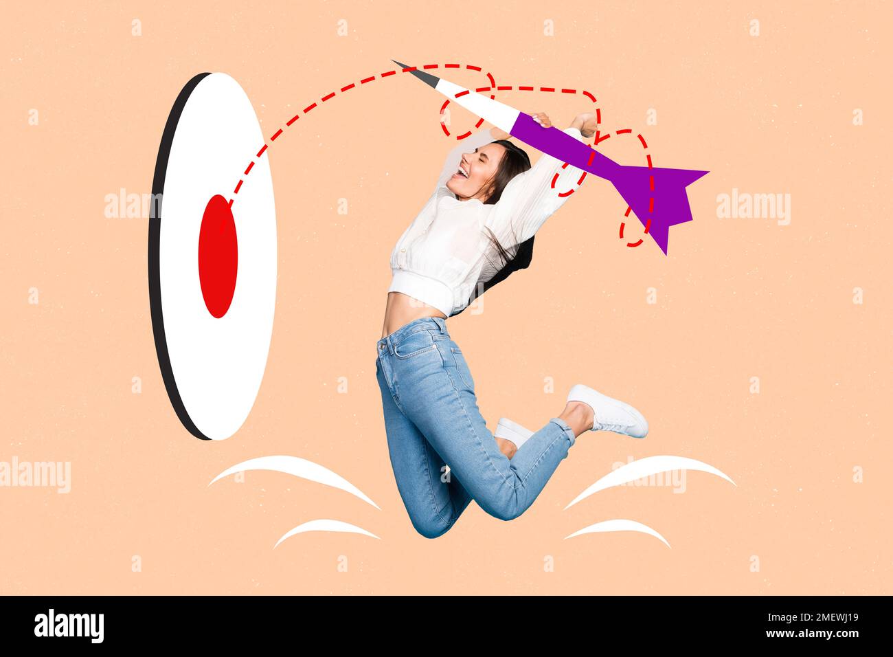 Collage photo of young funny business woman jumping active hold arrow ...