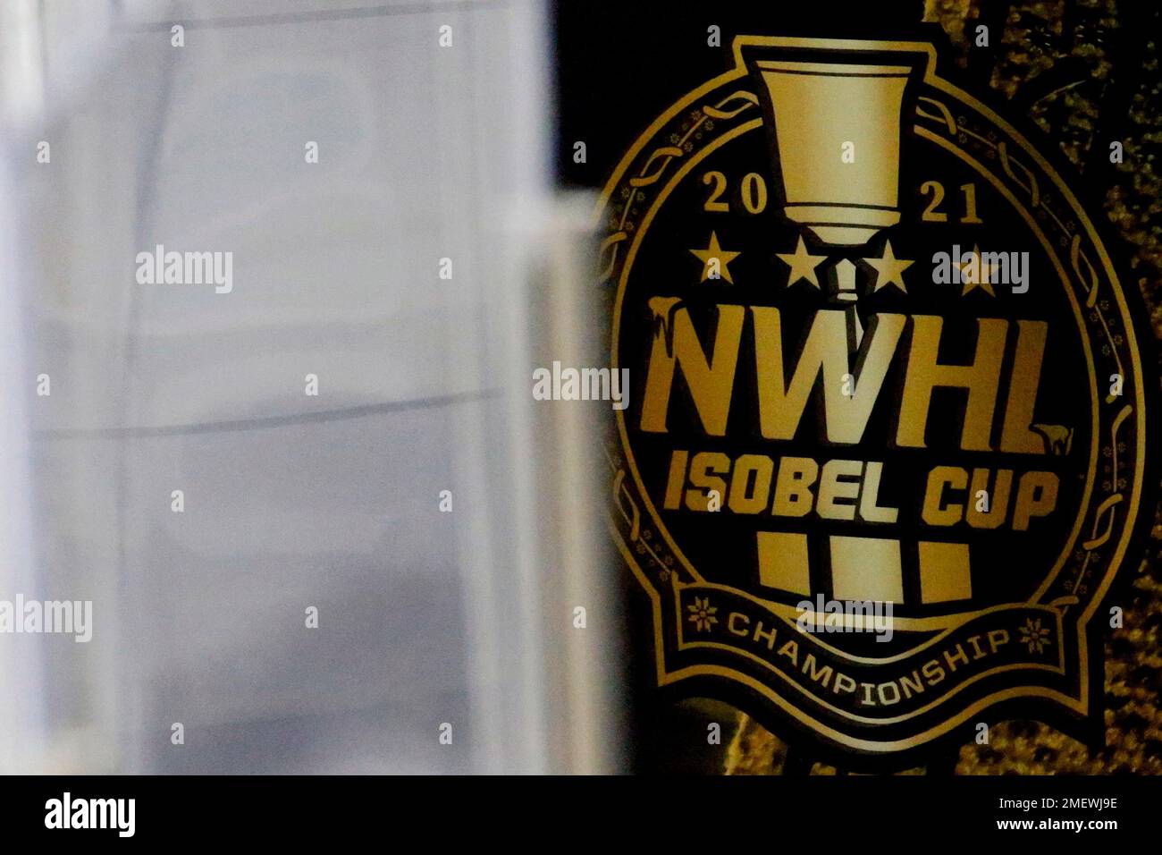 The 2021 NWHL Isobel Cup logo is seen during the second period of a ...