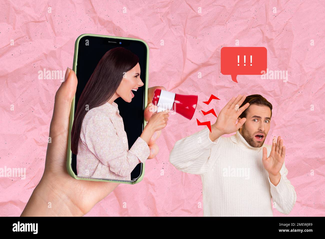 Collage photo of young business woman screaming remote inside phone screen bullhorn her employee ...