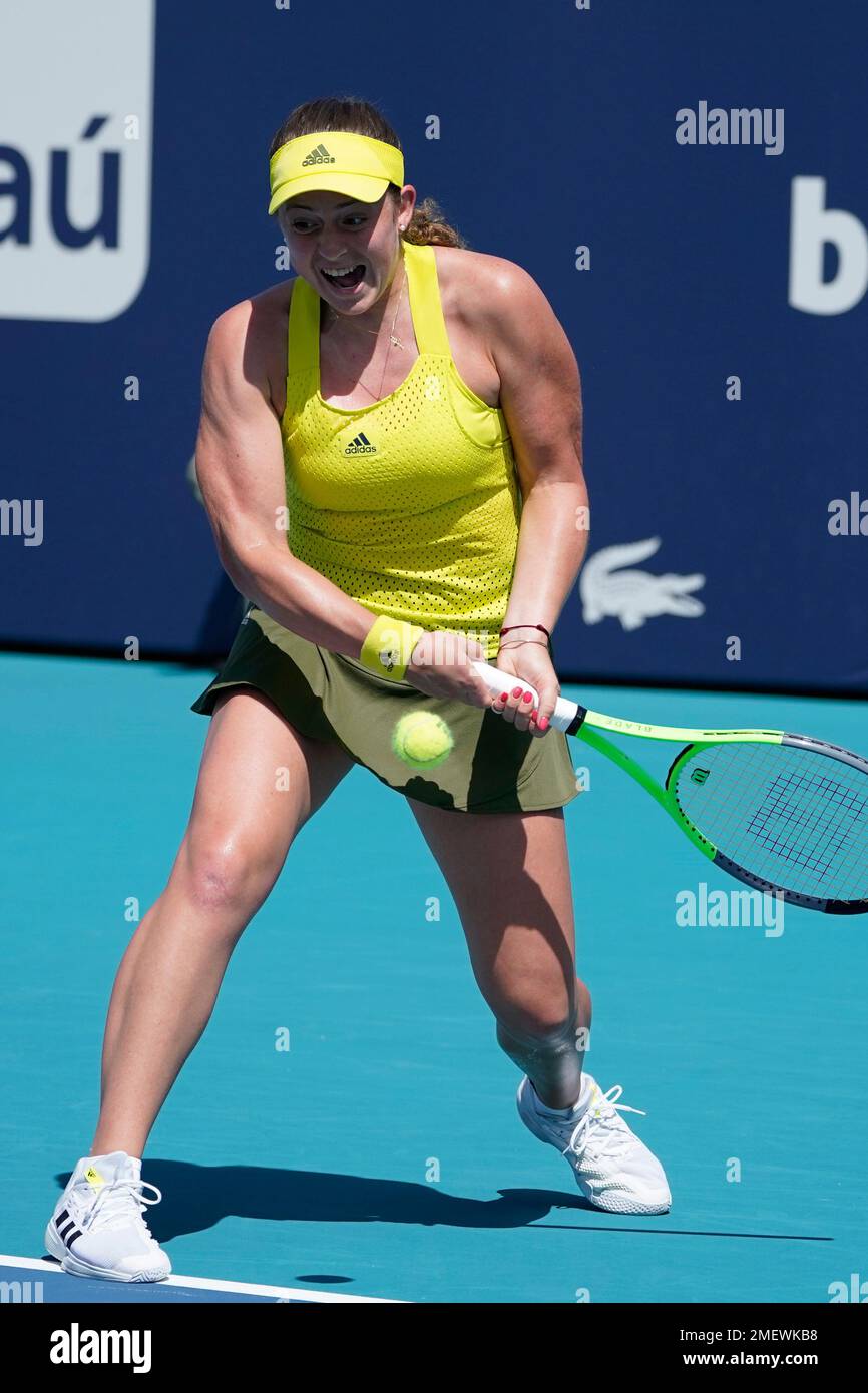 Jelena Ostapenko of Latvia, returns to Ashleigh Barty of Australia ...