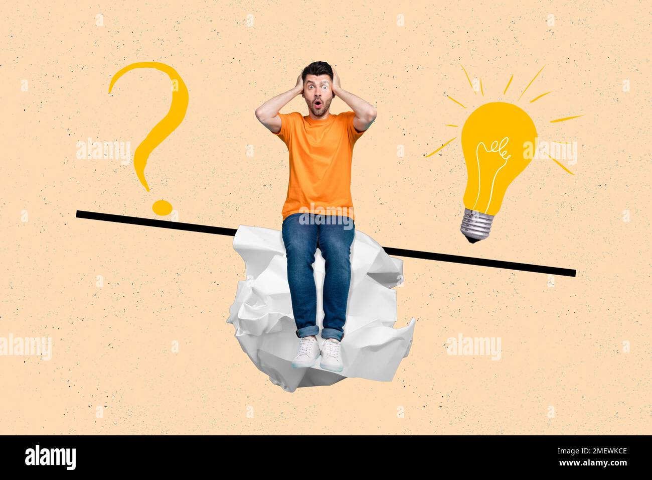 Collage photo of young funny smart man sitting balance scales dont know ...