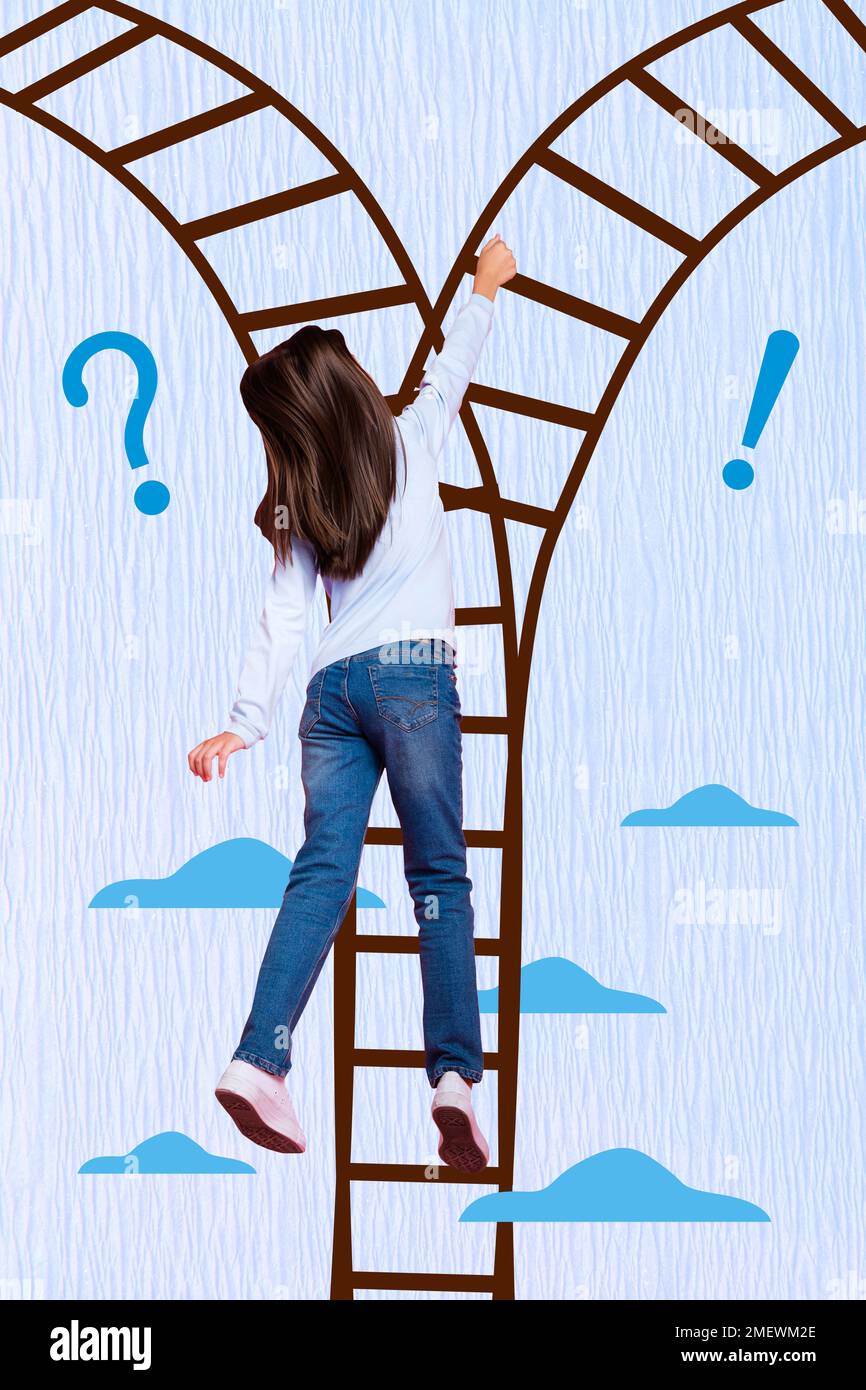 Vertical photo collage of little schoolgirl preteen climbing heaven sky ...