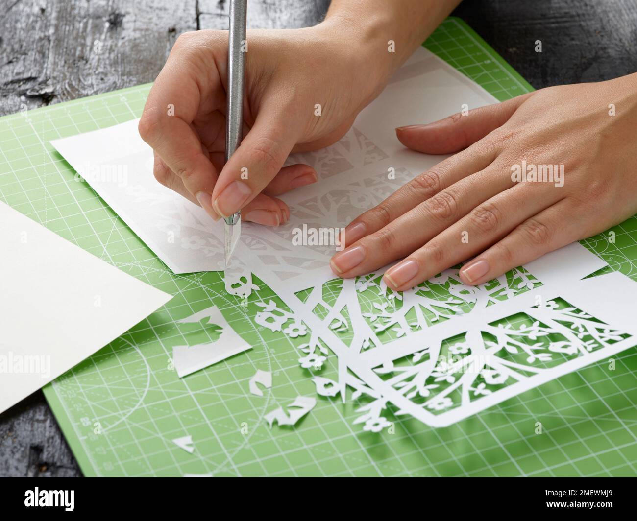 Papercraft. DIY Paper Lantern, cutting out pattern with scalpel Stock ...