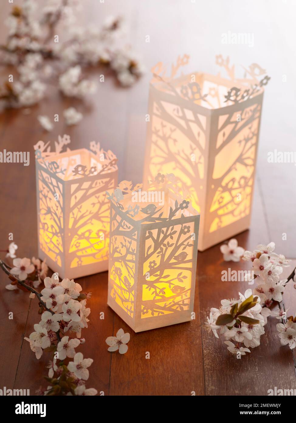 Papercraft. DIY Paper Lantern on wooden background with blossom Stock ...