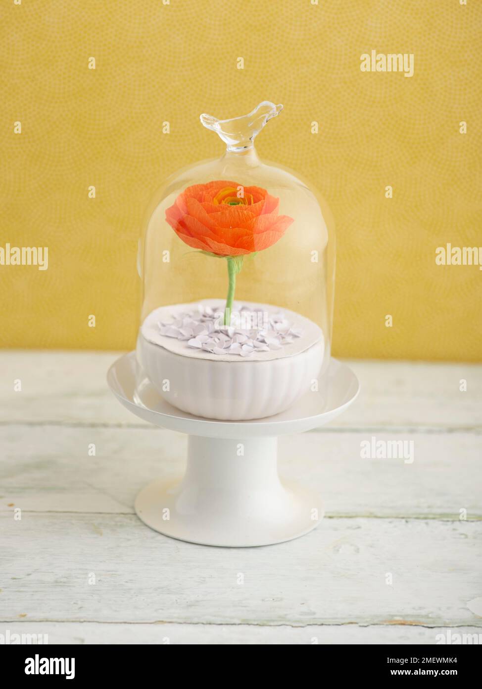 Papercraft. DIY Paper Ranunculus on stand with yellow background Stock ...