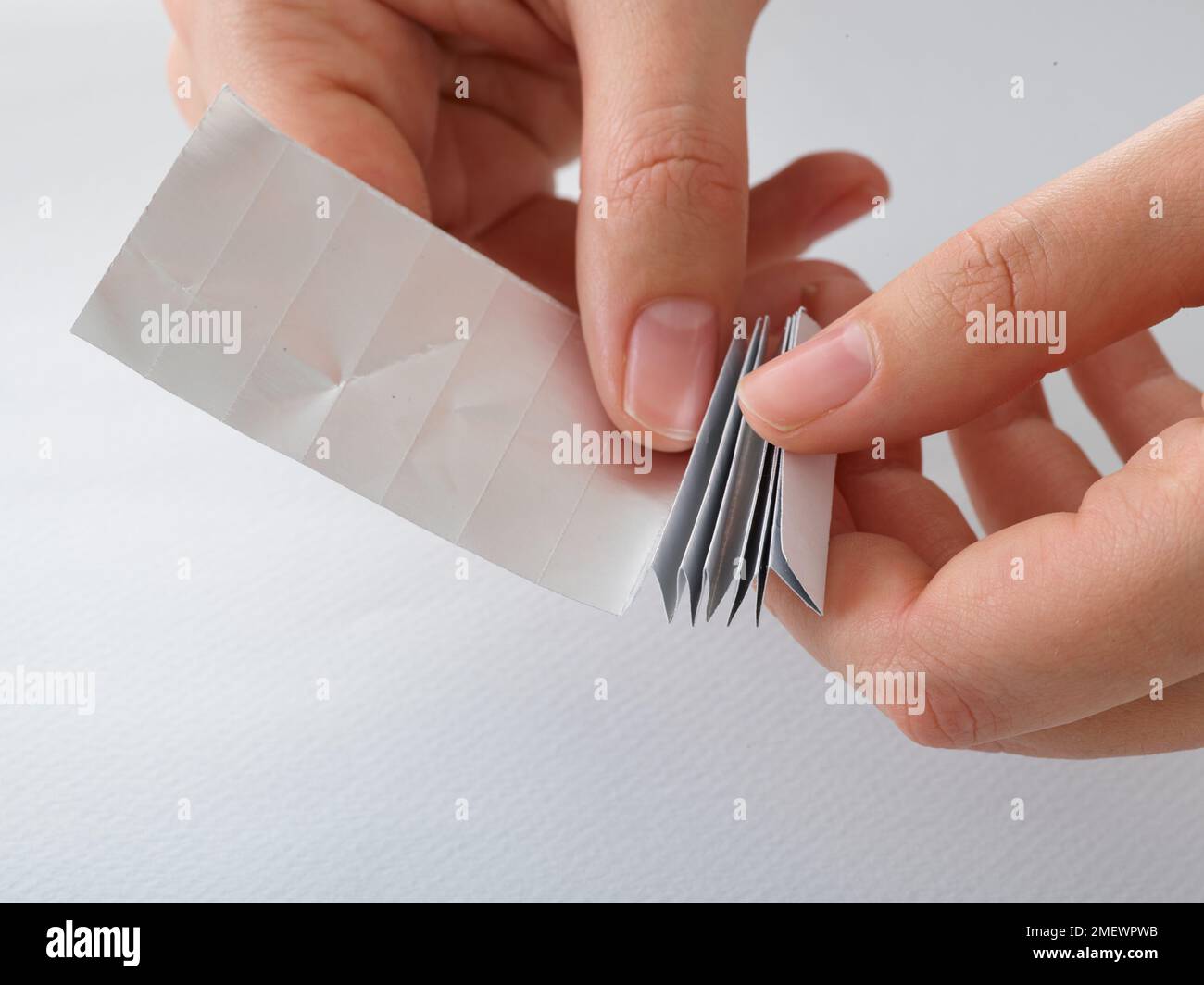 Papercraft. DIY accordian fold step 3. Follding along score lines Stock ...