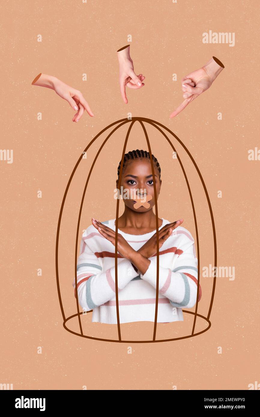 Photo of muted woman wear white sweater inside cage crossed hands veto ...