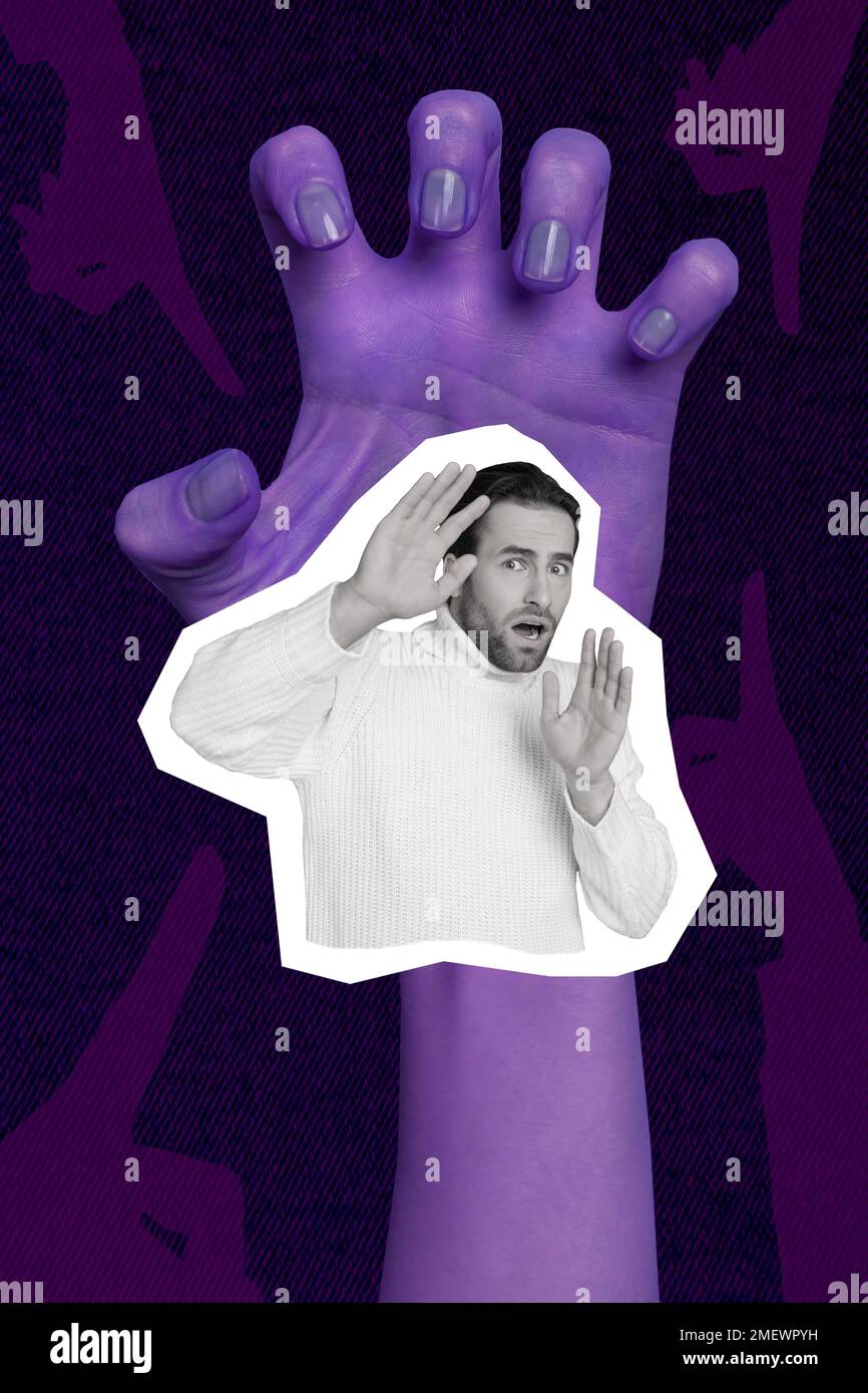 Collage photo of young funny man scared afraid panic horrible arm ...