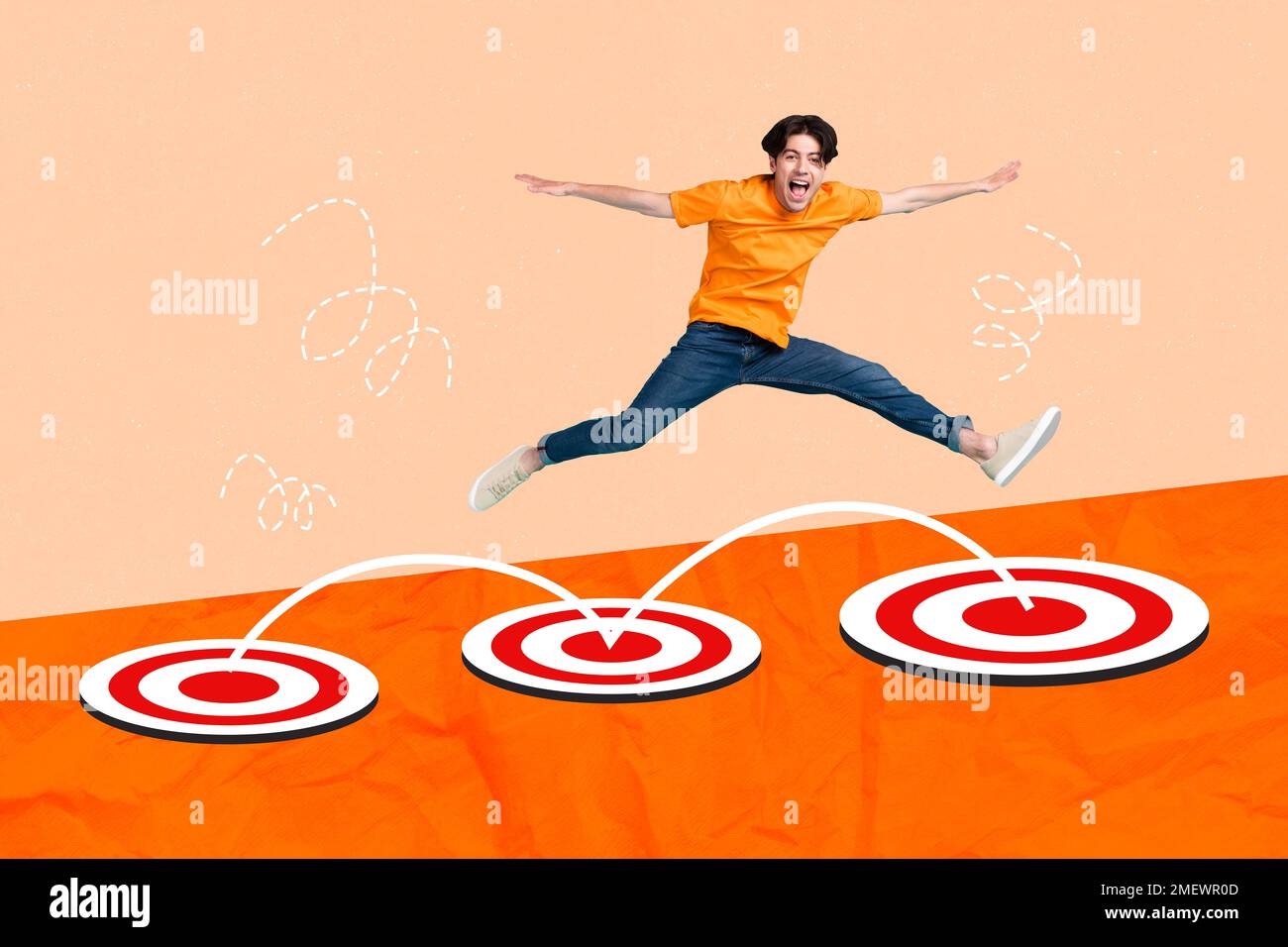 Composite collage photo of youngster overjoyed influencer man jumping ...