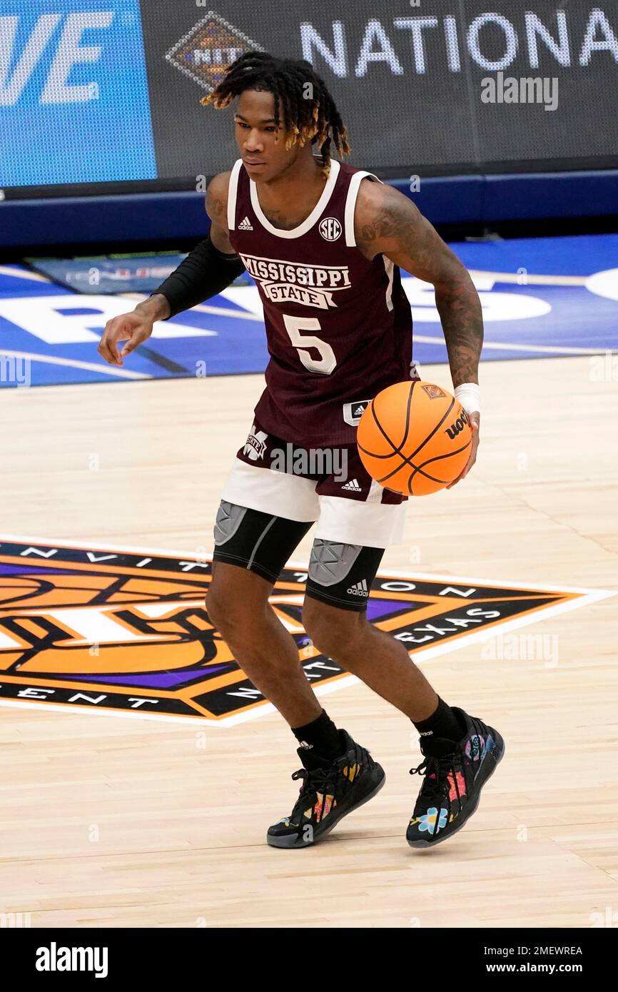 Mississippi State guard Deivon Smith advances the ball up court during ...