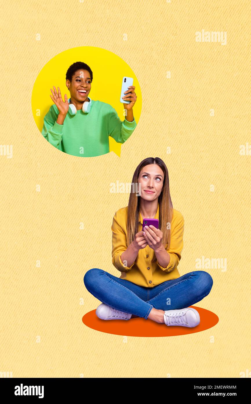 Creative photo collage of two young friends women online video calling ...