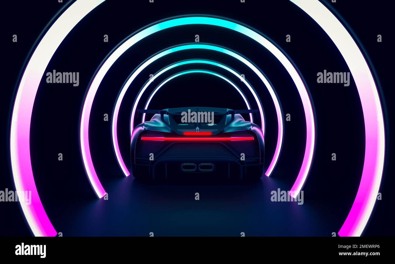 luxury sports car with circular rings and black background. 3d render ...