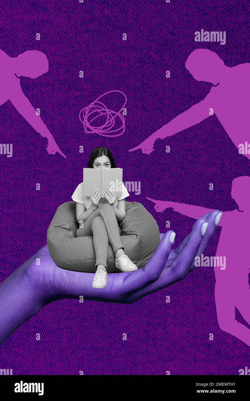 Vertical artwork photo collage of young woman sitting bean bag reading ...