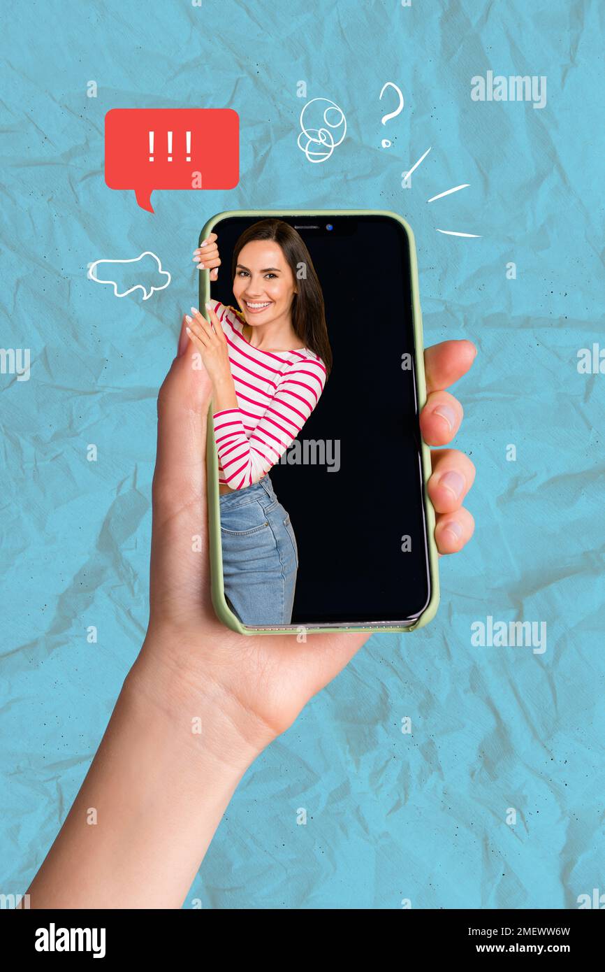 Vertical collage picture of arm hold telephone display mini positive ...