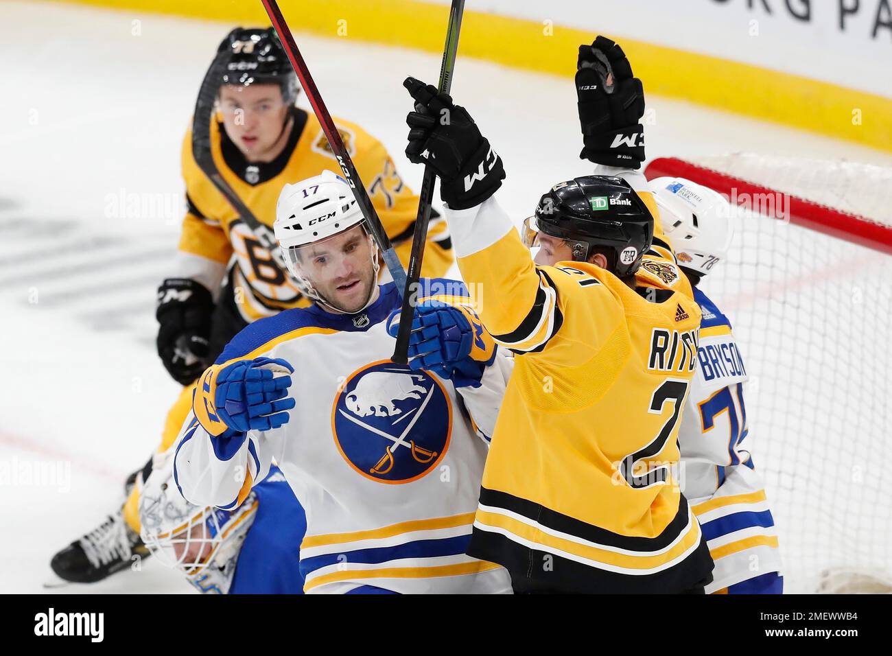 Boston Bruins' Nick Ritchie (21) celebrates his goal beside Buffalo ...
