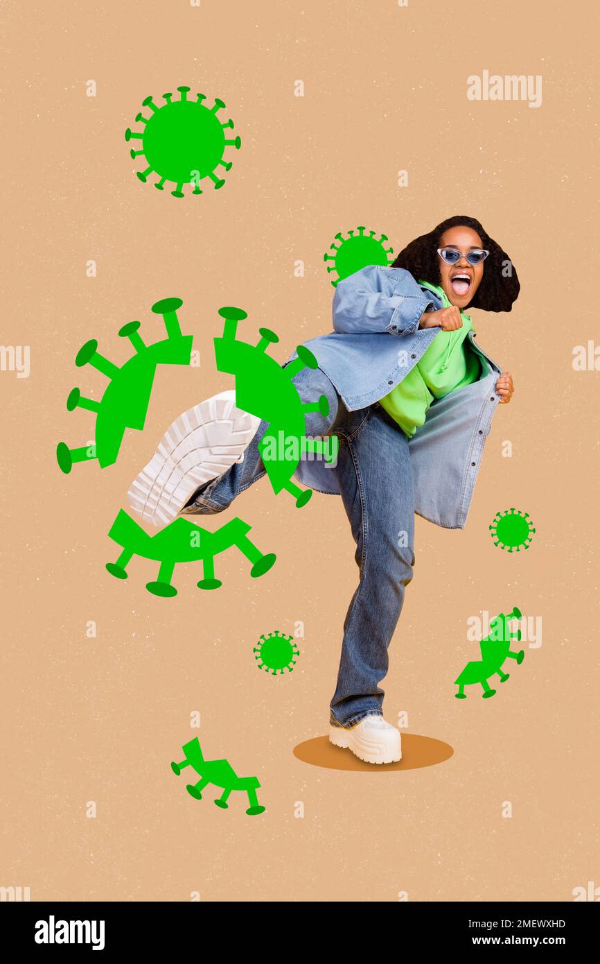 Vertical collage image of excited positive girl leg kick destroy virus ...