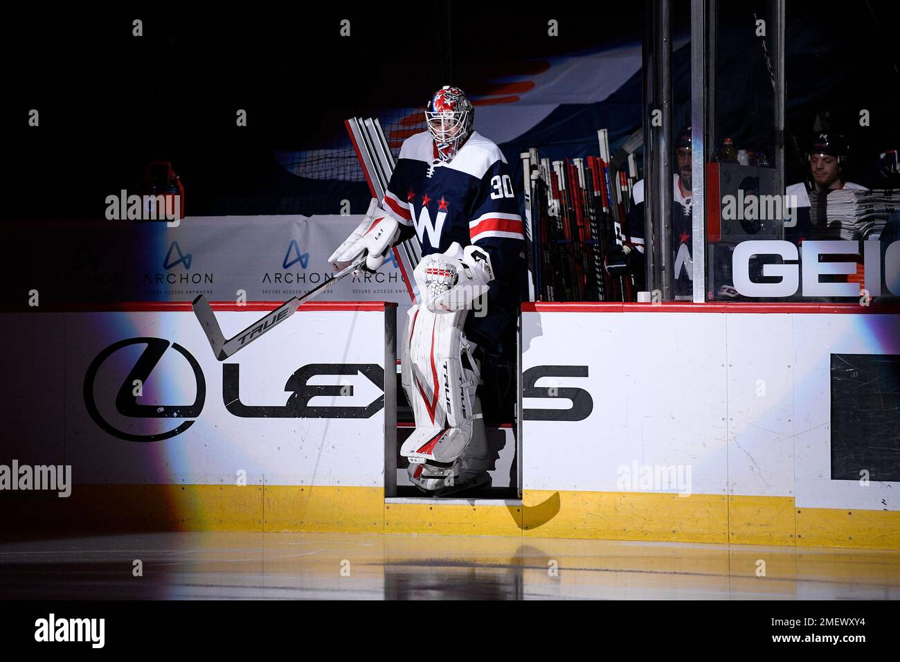 Washington Capitals goaltender Ilya Samsonov (30) takes to the ice ...