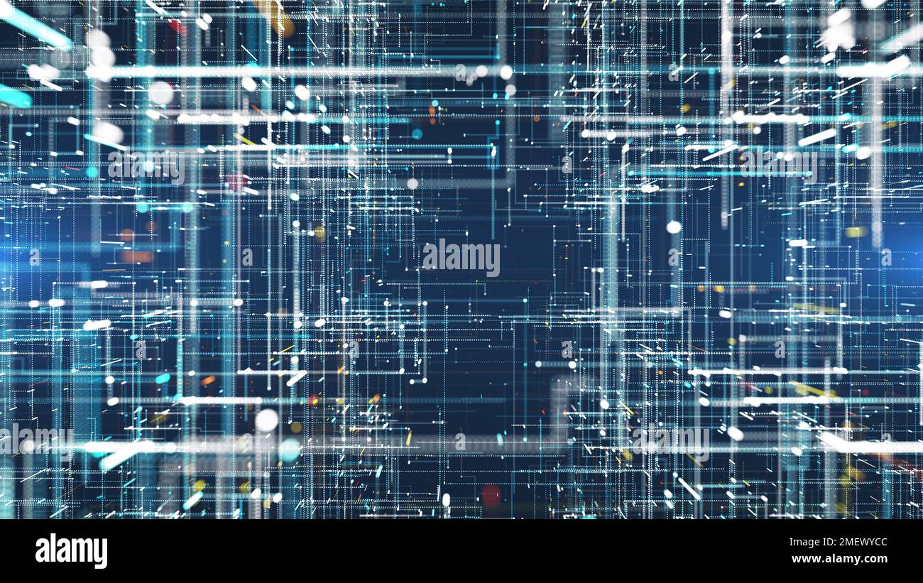 Inside an abstract digital cyberspace. Information flows through broken ...