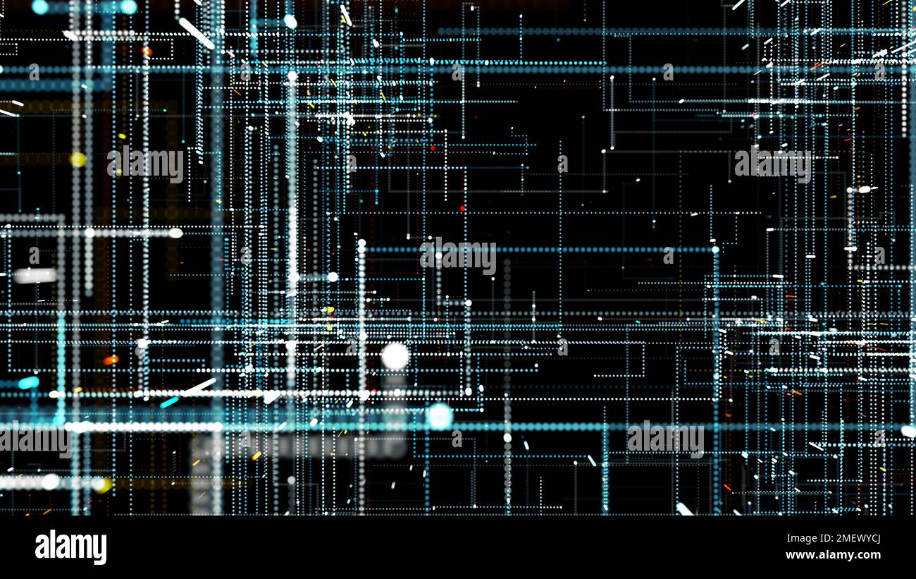 Inside an abstract digital cyberspace. Information flows through broken ...