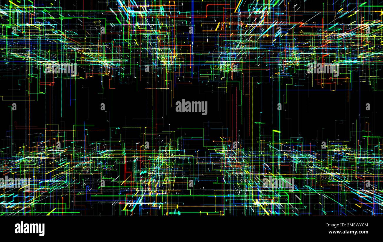 Inside an abstract digital cyberspace. Information flows through broken ...