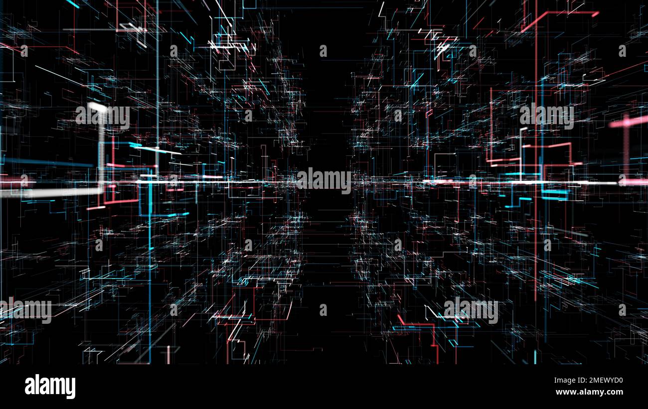 Inside an abstract digital cyberspace. Information flows through broken ...