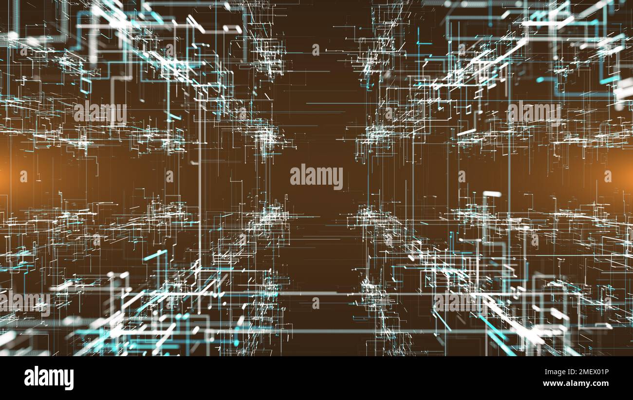 Inside an abstract digital cyberspace. Information flows through broken ...