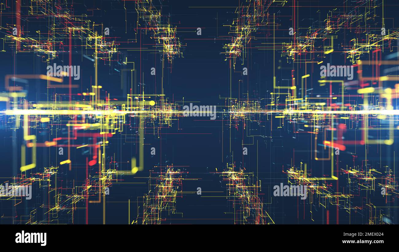 Inside an abstract digital cyberspace. Information flows through broken ...