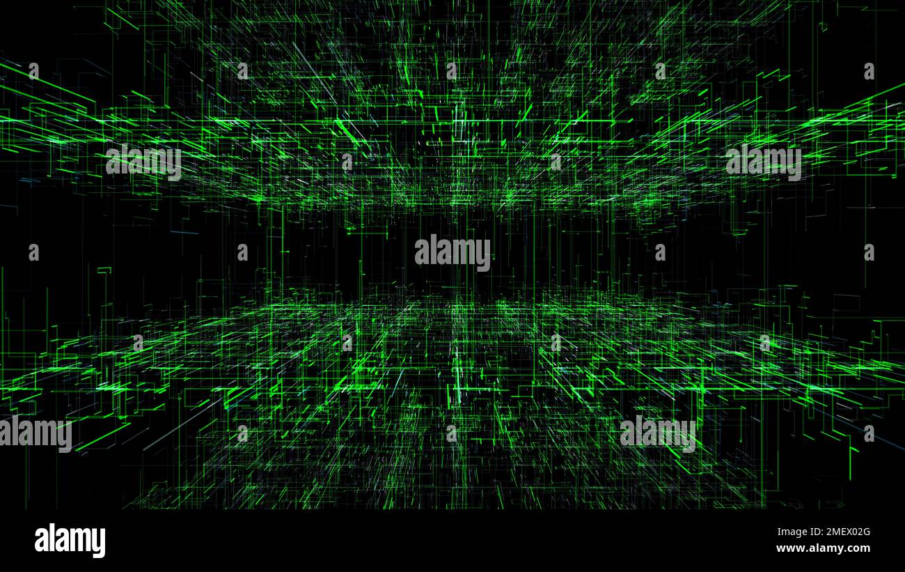 Inside an abstract digital cyberspace. Information flows through broken ...