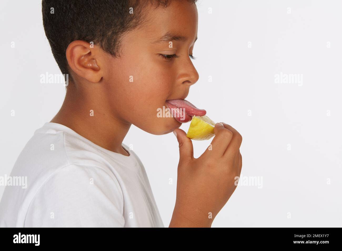 A lemon wedge is used as part of a taste test. Model age 8 Stock Photo ...