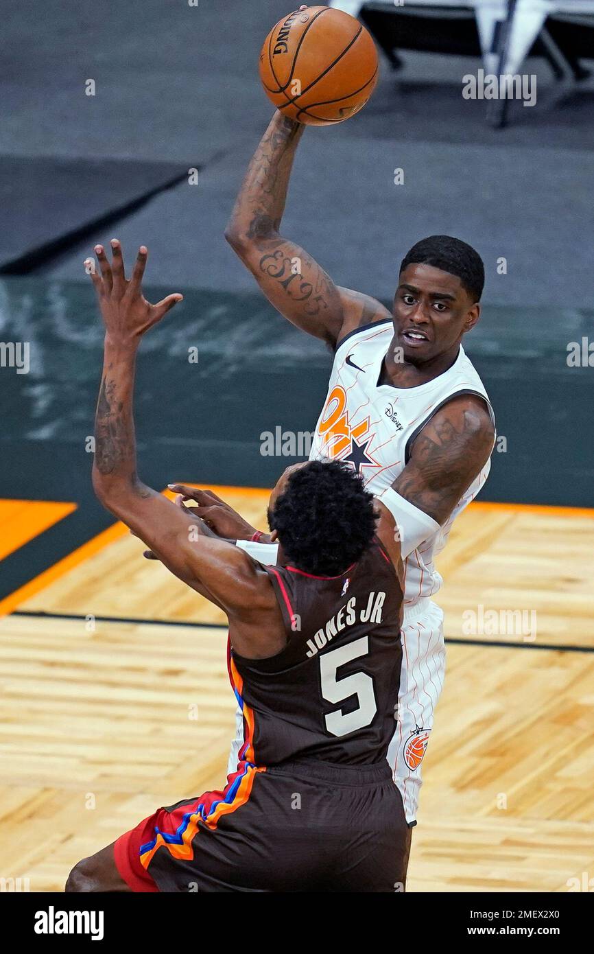 Orlando Magic guard Dwayne Bacon passes the ball over Portland Trail ...