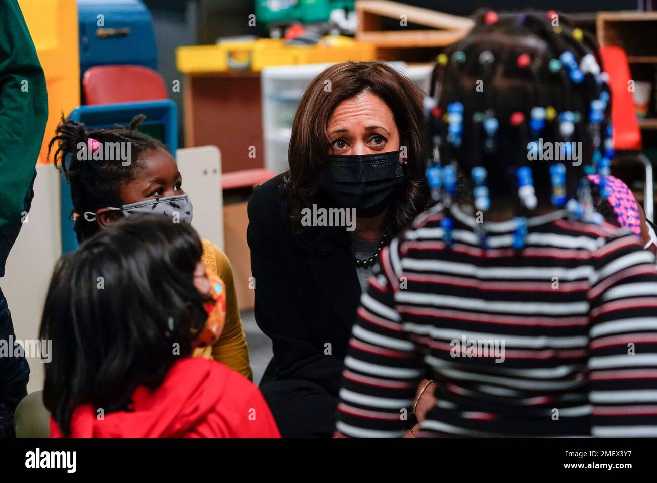 Vice President Kamala Harris visits with children in a classroom at ...