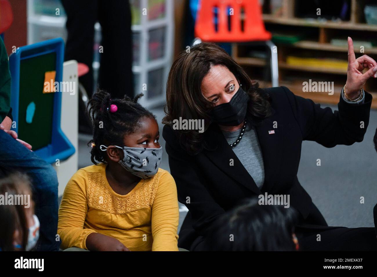 Vice President Kamala Harris visits with children in a classroom at ...