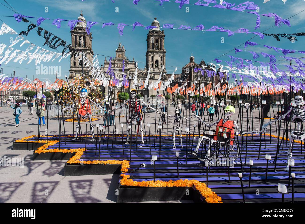 Skeleton and sugar skull decorations hanging for the Day of the Dead ...