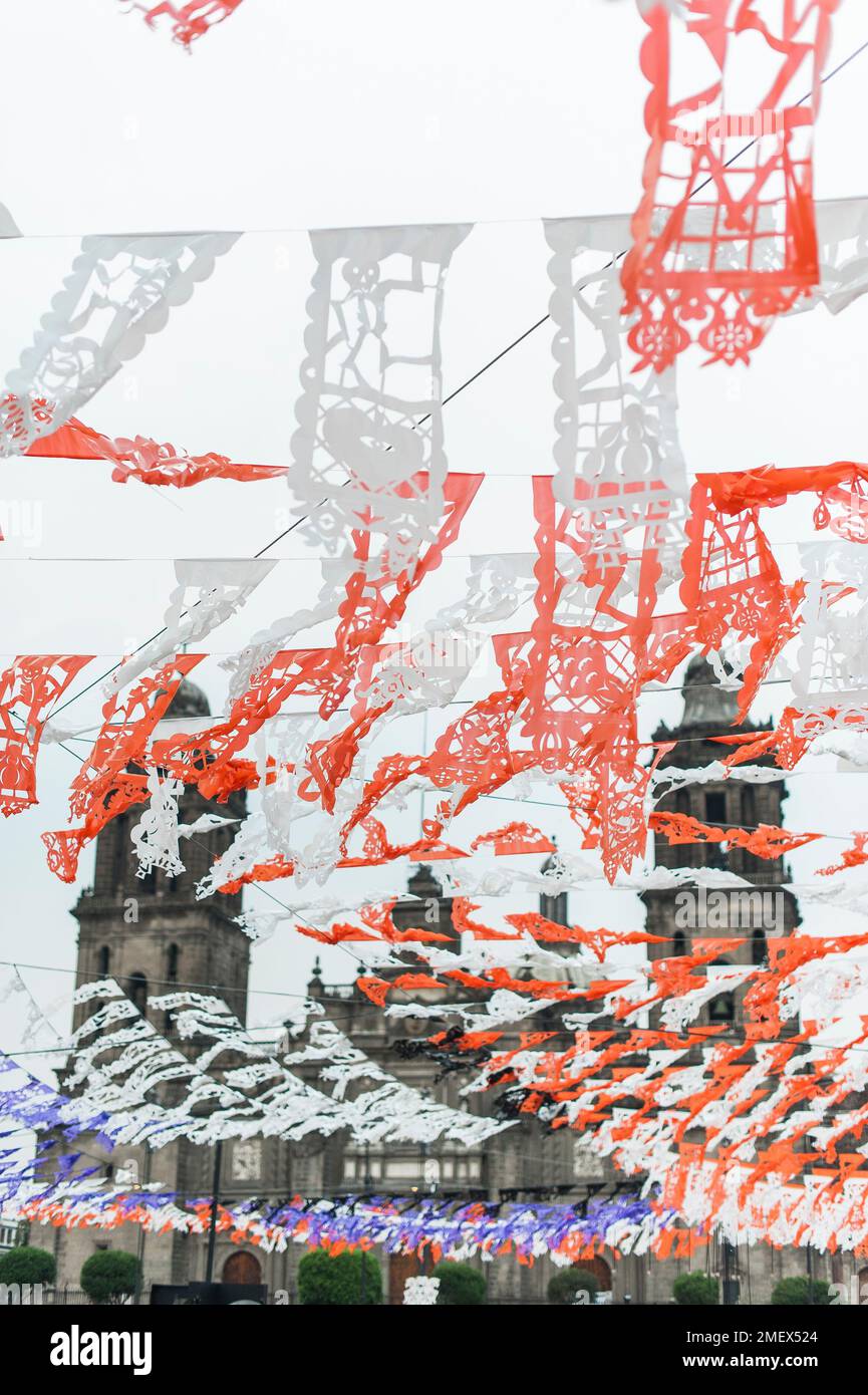 Skeleton and sugar skull decorations hanging over the Day of the Dead ...