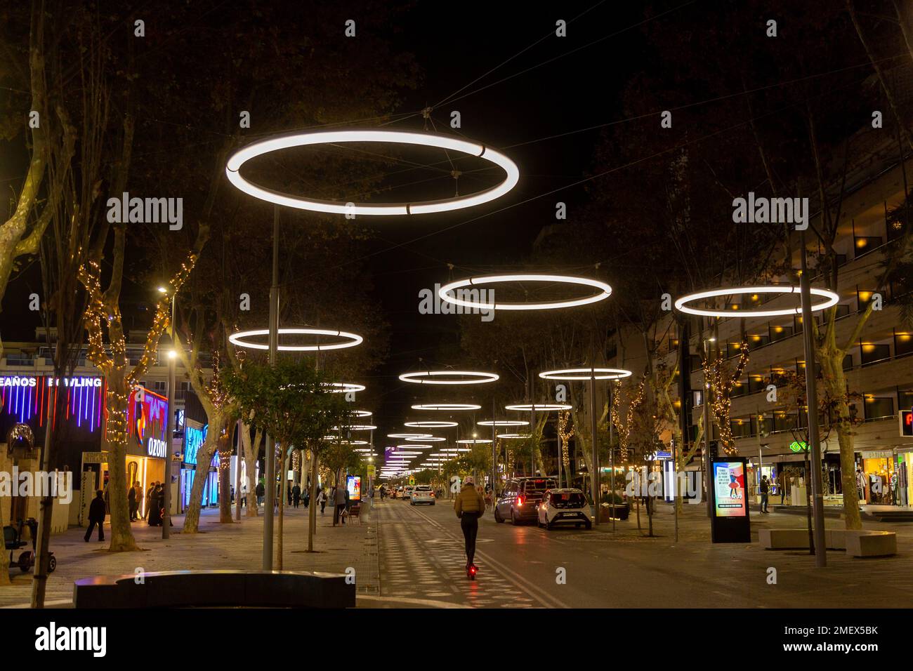 Avenida Mediterraneo suspended low energy halo lights, Benidorm Stock ...