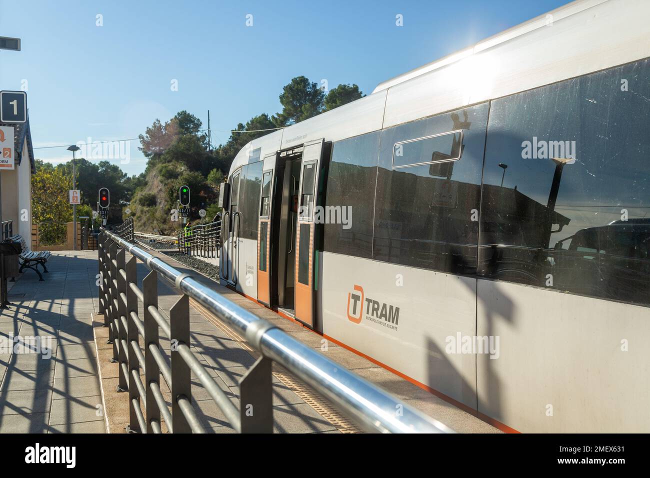 A tram at the platform of Benidorm Intermodal train station Stock Photo ...