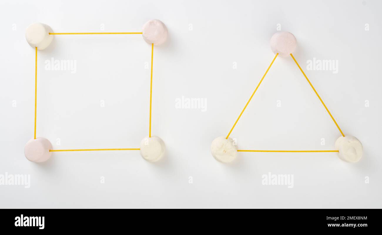 Marshmallows with spaghetti making a square and traingle Stock Photo ...