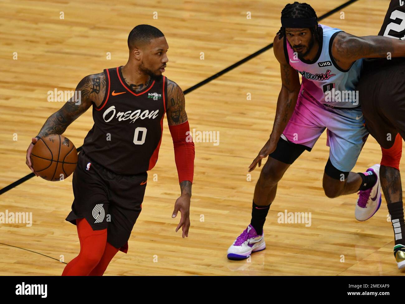 Portland Trail Blazers guard Damian Lillard (0) looks to pass the ball ...