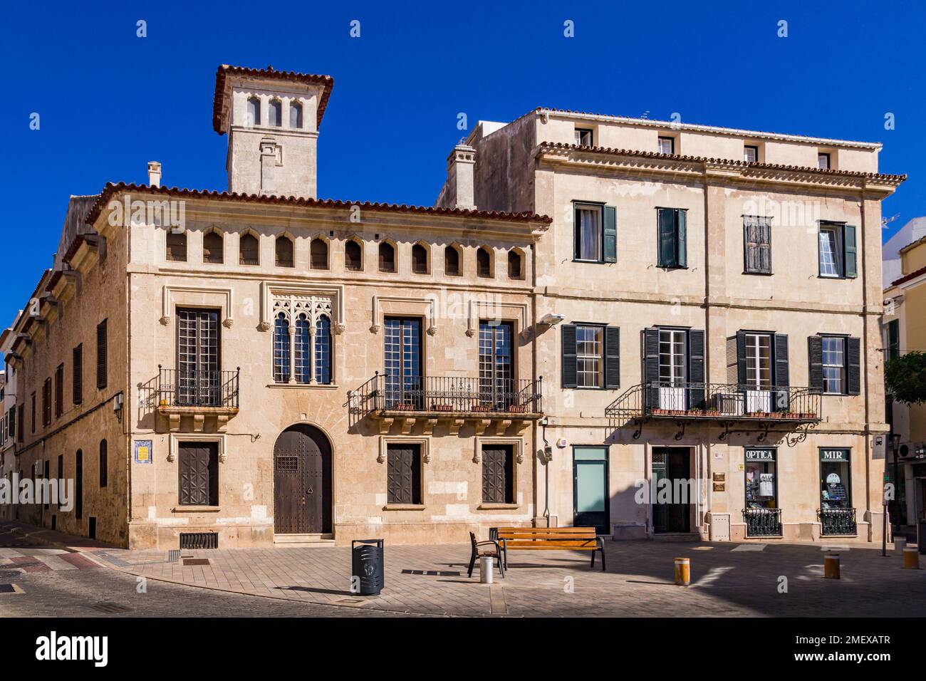 Colonial building at town square Placa del Princep of Mahon on Menorca ...