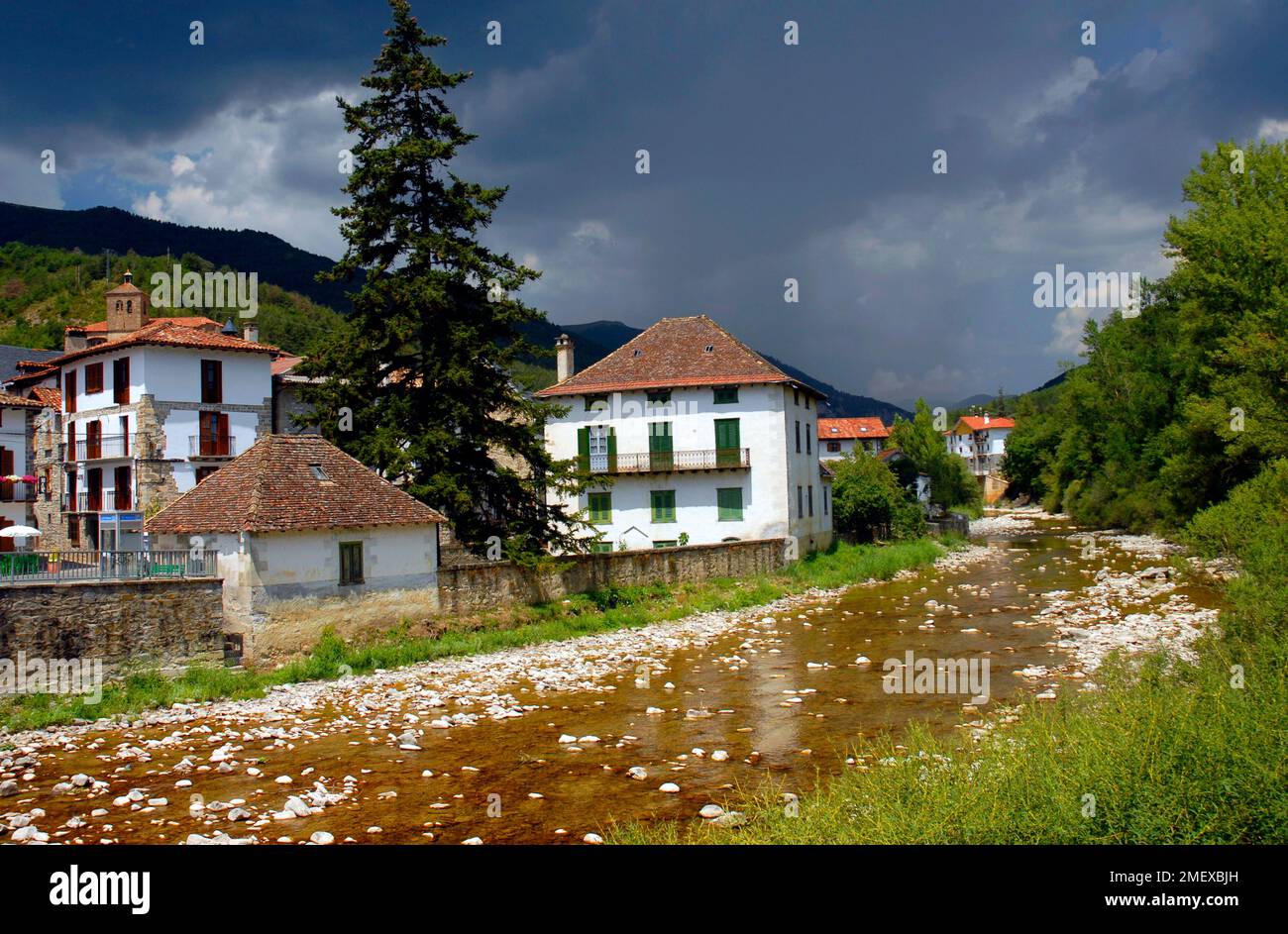 Town of Roncal and the river Esca. Roncal Valley. Navarre. Spain Stock ...