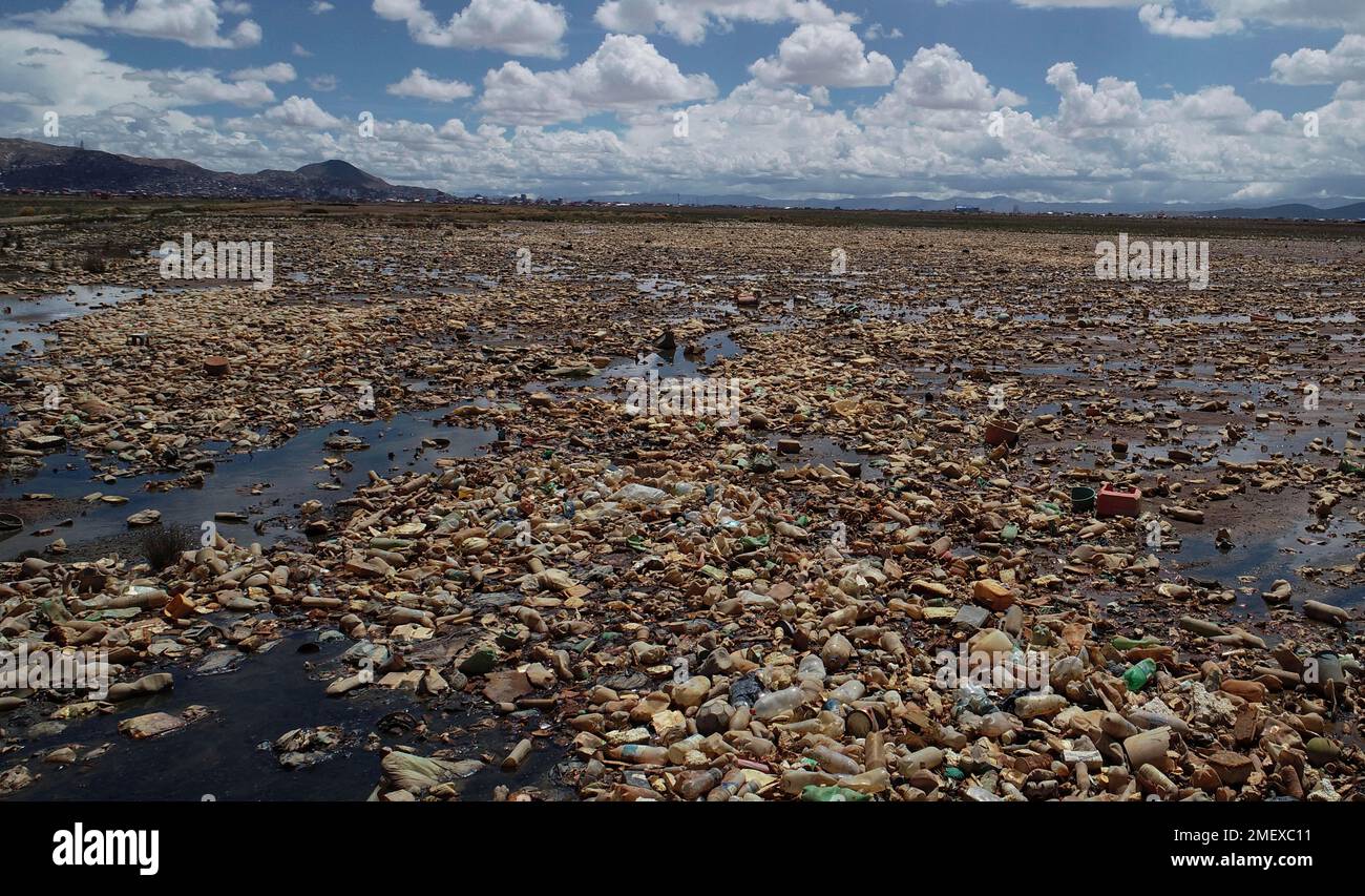 Plastic bottles and other garbage float in Uru Uru Lake near Oruro ...