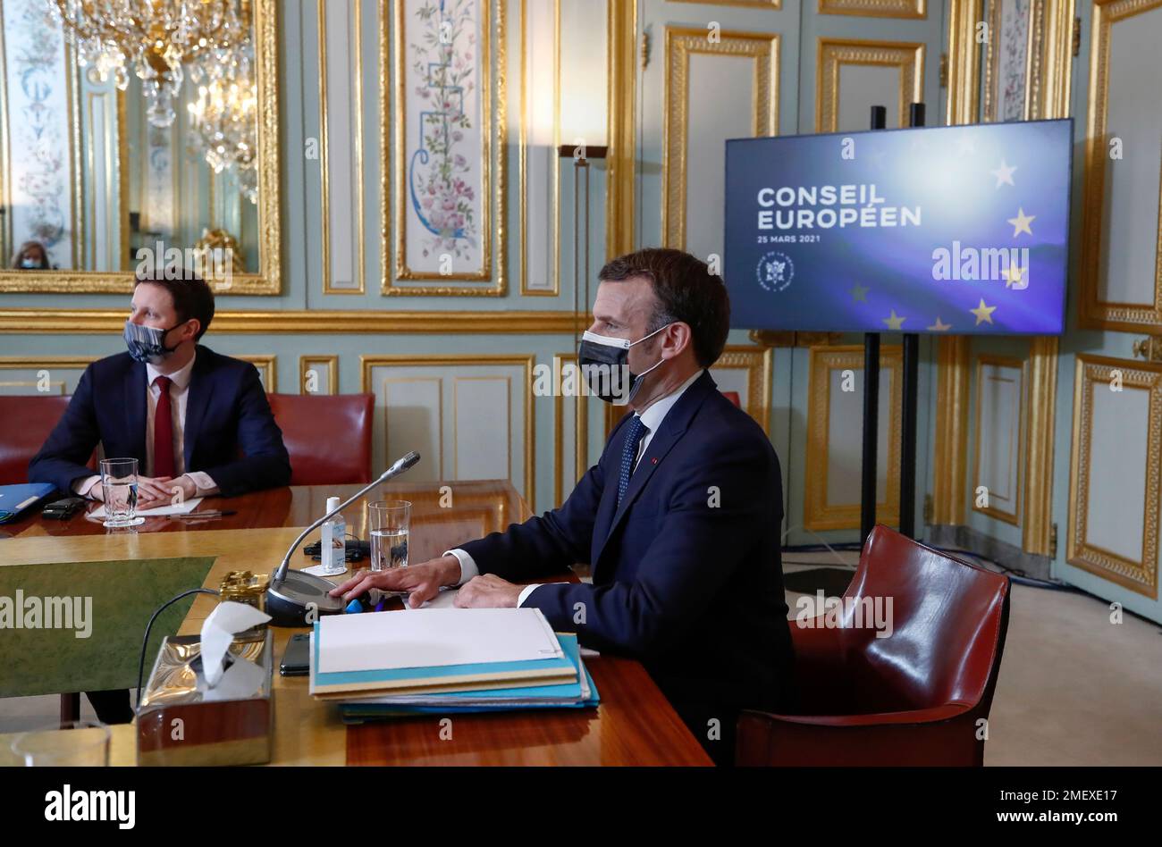 French President Emmanuel Macron attends a video conference of a EU ...
