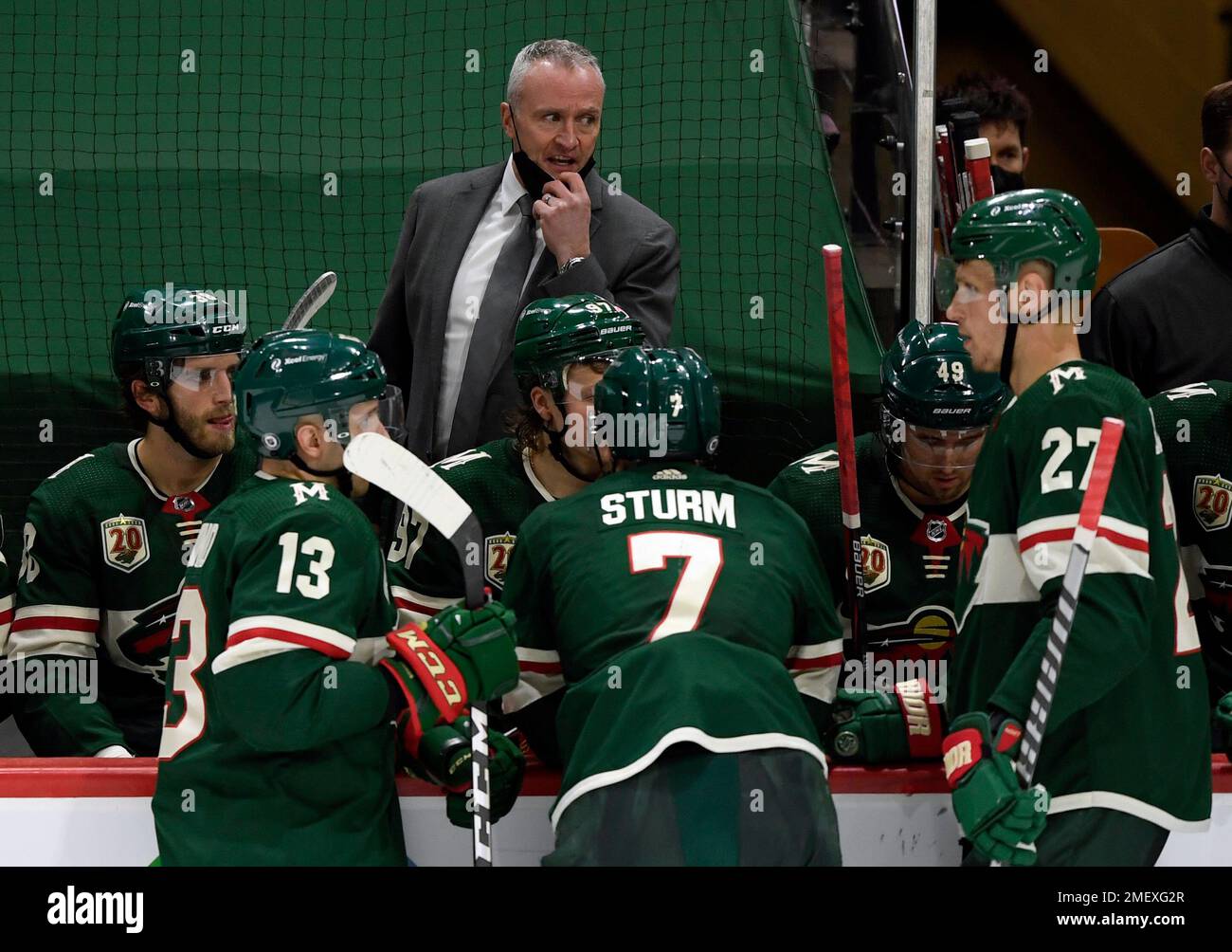 Minnesota Wild head coach Dean Evason speaks to his players in a ...