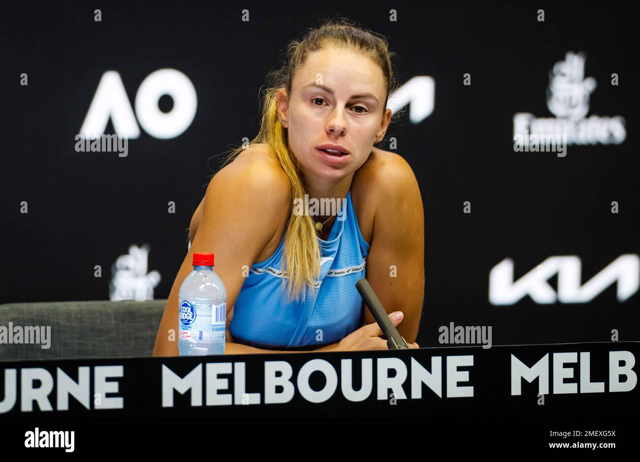 Magda Linette of Poland talks to the media after the fourth round of ...